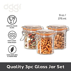 OGGI 3 Piece Airtight Glass Storage Containers Set - 3 Small 9oz Glass Kitchen Canisters with Clamp Lids & Silicone Seals - Farmhouse Kitchen Décor, Kitchen Storage, Pantry Storage, Food Storage
