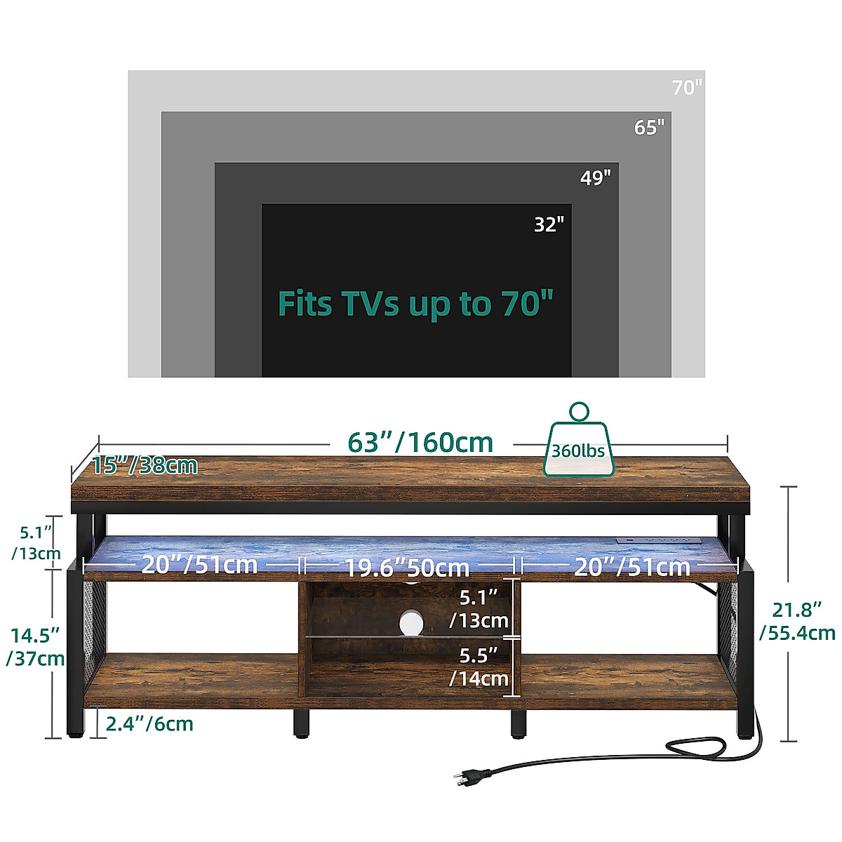 YITAHOME LED Television Stands w/Power Outlets for 70/65 inch, Modern Industrial TV Stand, Entertainment Center w/Open Storage, Entertainment Center for 360lbs for Living Room, Retro Brown