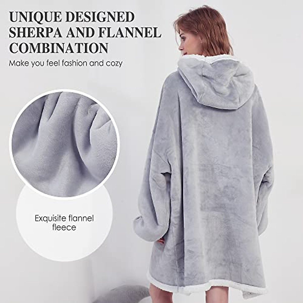 Viviland Hoodie Sherpa Blanket Sweatshirt Soft Warm Plus Large Front Pocket Tv Blankets for Adult, Grey