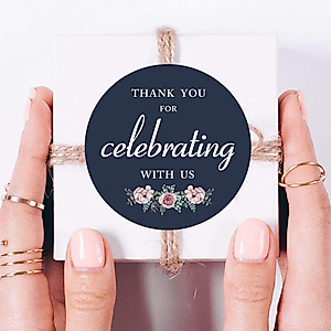80 pack- 2" navy blue floral thank you for celebrating with us label stickers, thank you sticker labels