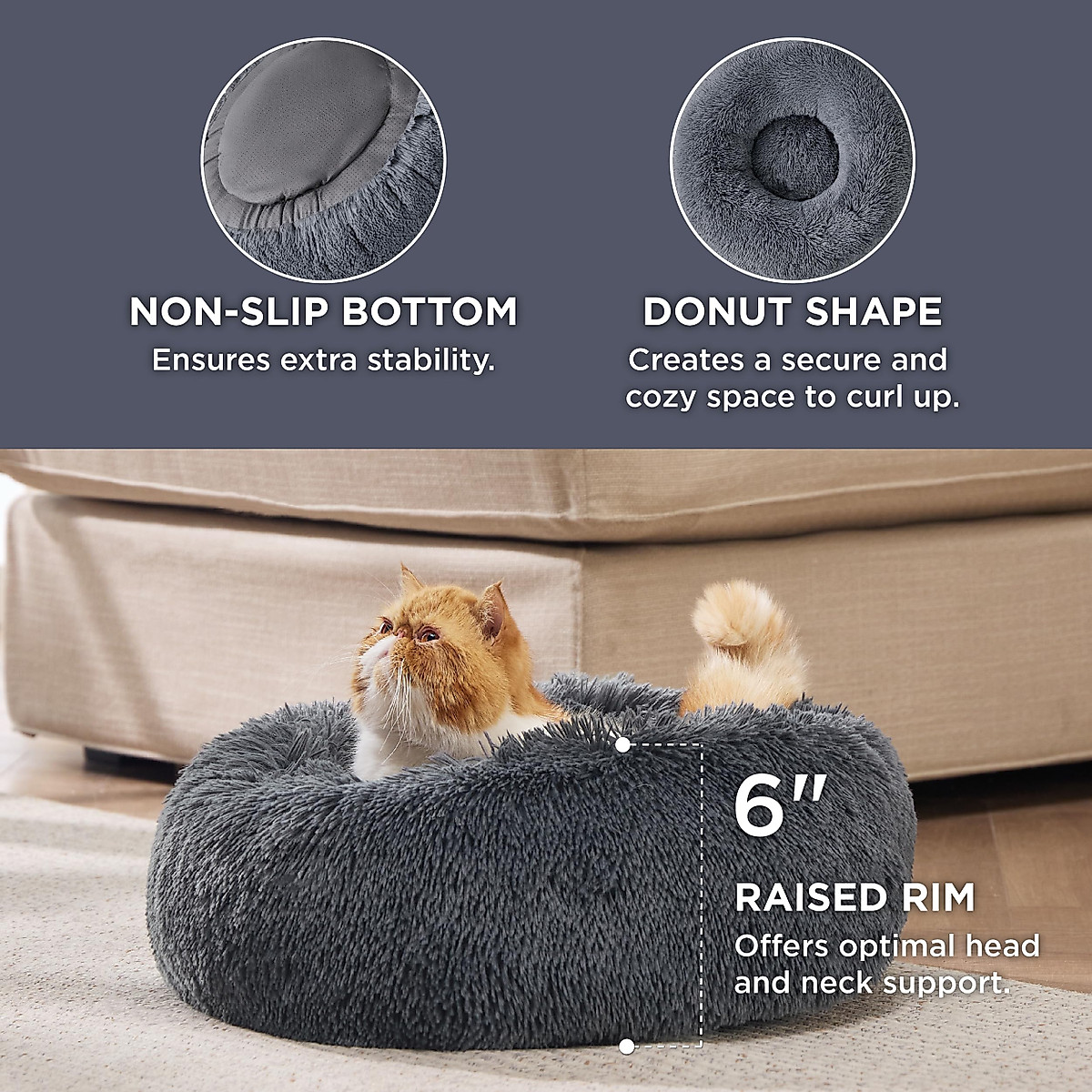Bedsure Calming Cat Beds for Indoor Cats - Small Cat Bed Washable 20 inches, Anti-Slip Round Fluffy Plush Faux Fur Pet Bed, Fits up to 15 lbs Pets, Dark Grey