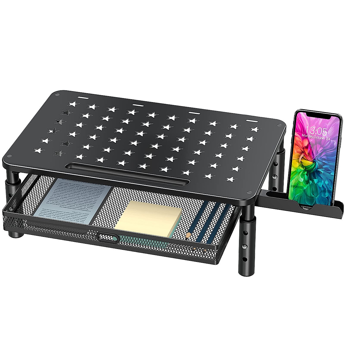 Zimilar Monitor Stand Riser with Metal Mesh Drawer, Height Adjustable Monitor Riser with Phone Holder for Computer Dual Glass Monitor Stand Riser, 3-Shelf Tempered Glass Monitor Stand