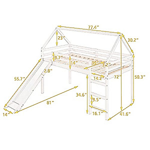 Lostcat Twin Loft Bed with Slide, House Loft Bed with Slide,Solid Pine Wood Kid Bed Frame w/Safety Guardrail & Ladder,No Box Spring Needed,Save Space Design, Kid Bed for Kids,Teens, Girls, Boys, White