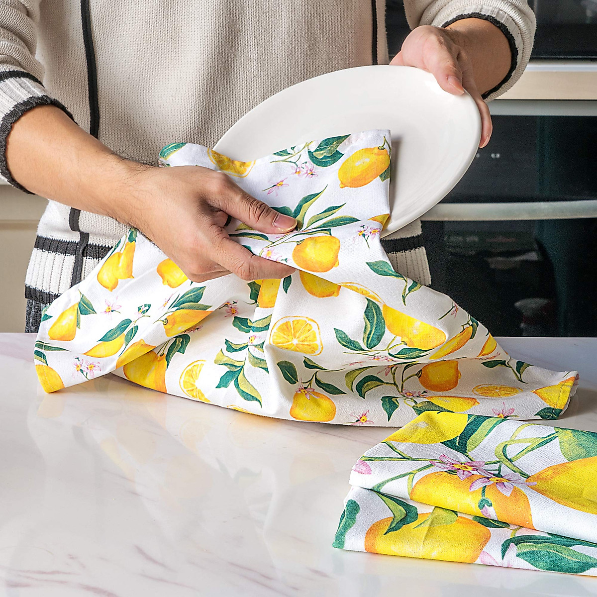 KOALAND Flour Sack Towels, Set of 3 Oversized Tea Towels for Kitchen with Printed Lemon Designs, 100-percent Cotton, Cute Kitchen Towel Set, Lemon Kitchen Decor, Decorative Dish Towels