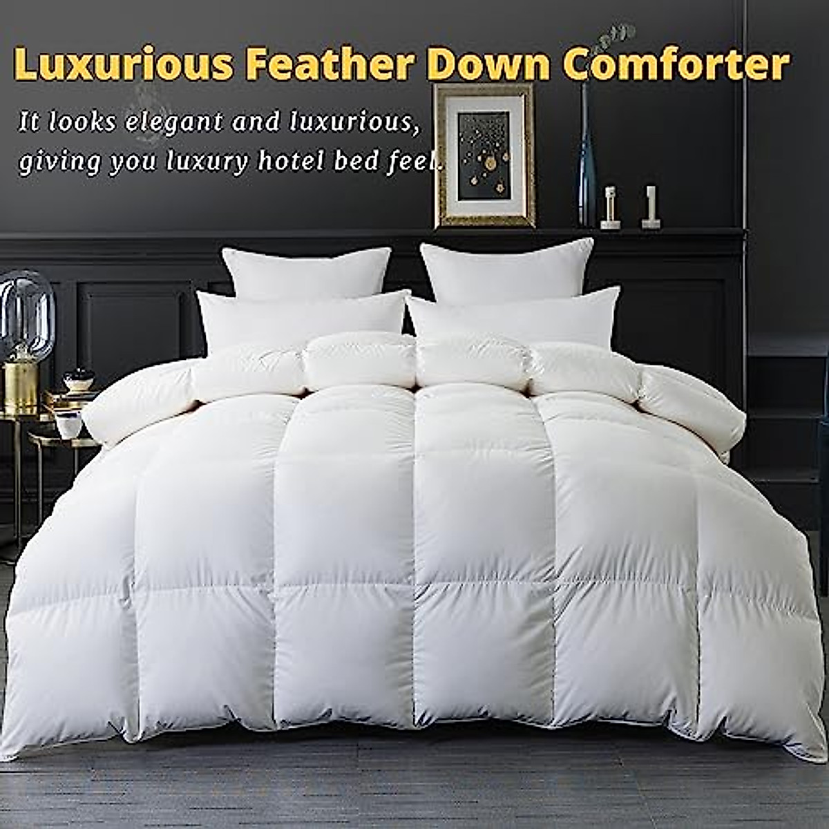 ELNIDO QUEEN Feather Down Comforter Queen Size - White Down Duvet Insert - Luxurious Fluffy Hotel Style Bedding Comforter - 100% Cotton Cover All Season Medium Warmth - Queen Size (90x90 Inch)