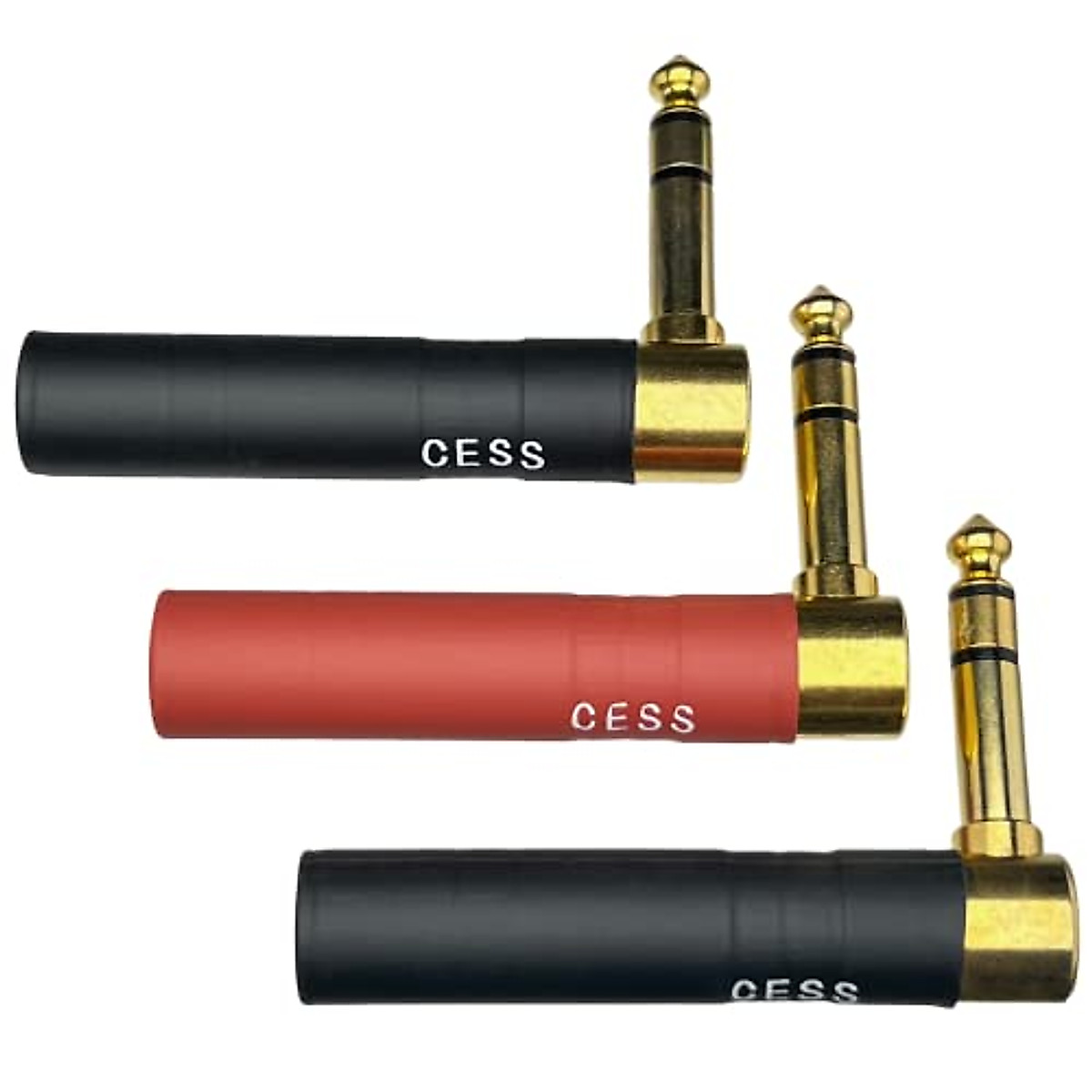 CNCESS CESS-237 Headphone / Earphone Right-Angle Adapter, 6.35mm 1/4-inch TRS Stereo Female to Male, 3-Pack (2 Black + 1 Red)