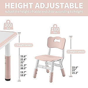 DOREROOM Toddler Table and Chairs Set for 4, 49''L x 25''W Kids Study Table and Chair Set, Height-Adjustable, Graffiti Desktop, Children Activity Table for Daycare, Classroom, Home, Pink