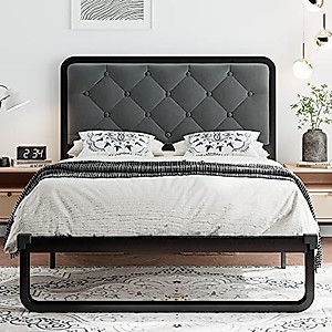 iPormis Twin Size Metal Bed Frame with Faux Leather Headboard, Curved Platform Bed Frame, Thicker Metal Steel Slats Support, 12'' Under-Bed Space, Noise-Free, Easy Assembly, Dark Gery