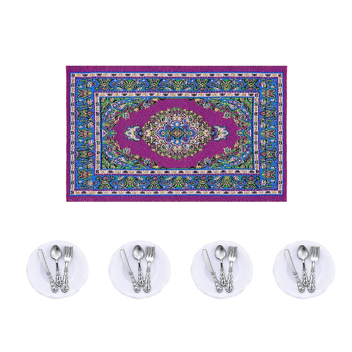 G0lden&Mang0 22Pcs Dollhouse Furniture Set, 112 Dollhouse Decoration 1Pc Wooden Dining Table and 4Pcs Chair, 1Pc Mini Carpet Turkey Rugs, 4Pcs Plates and 12Pcs Knives Forks Spoons for Kids Gift