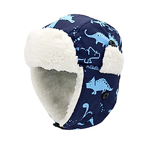 Baby Boy Hats Toddler Winter Hat Sherpa Lined Warm Trapper Hat Fleece Girl Infant Beanie Blue Dinosaur 2-5T