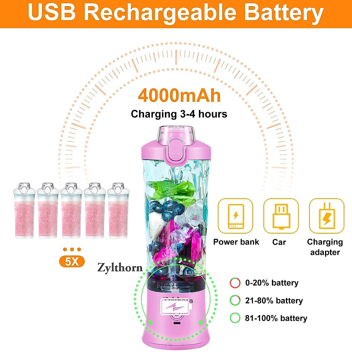 ZYLTHORN Portable Blender,Personal Size Blender for Shakes and Smoothies with 6 Blades,20 Oz Mini fresh juicer Blender Cup USB rechargeable with Travel Lid for Home,Office & Gym (Purple)