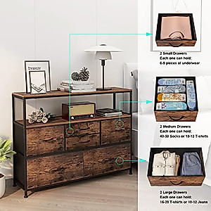 Simoretus TV Stand with Power Outlet and Fabric Drawers Entertainment Center for TV up to 45 inch Industrial Open Storage Shelf Media Console Dresser for Living Room Bedroom