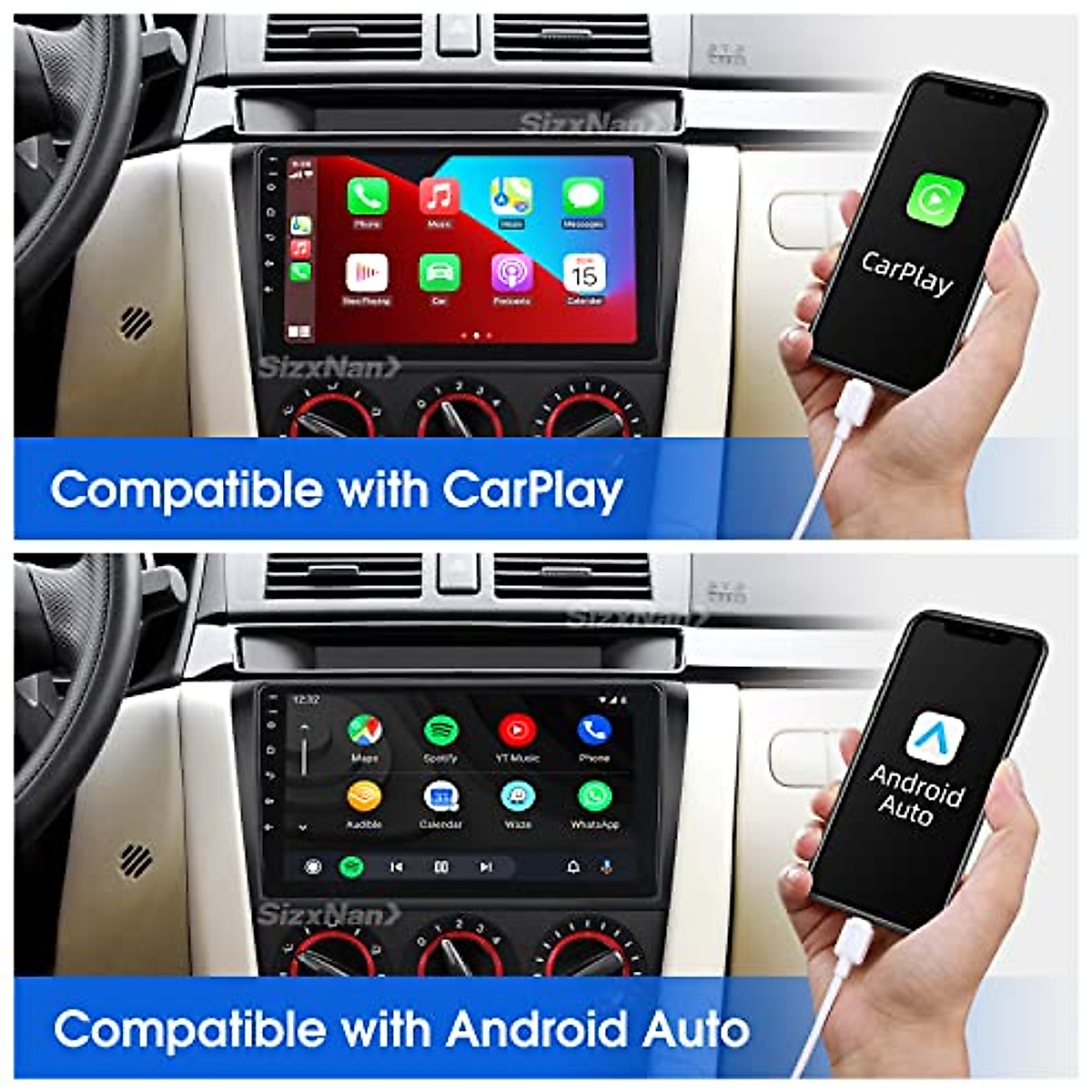 SizxNanv for Mazda 3 Android 10 Touch Screen Compatible with Carplay Android Auto,Car Radio Stereo Bluetooth Navigation Media Player GPS WiFi FM Rear Camera for Mazda 3 2004 2005 2006 2007 2008 2009