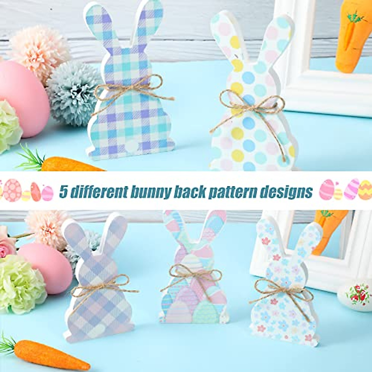 5 Pcs Easter Bunny Table Wooden Signs Buffalo Plaid Spring Bunny Centerpiece Tabletop Rabbit Easter Party Wood Ornament Reversible Dining Room Double Printed Freestanding Table Decor with Rope