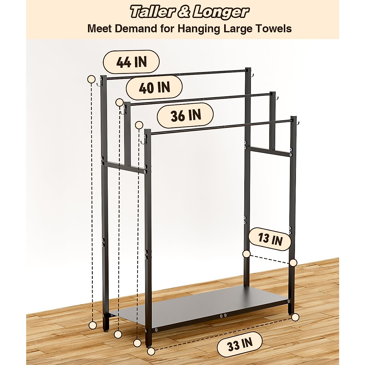 Mondazie 44” Tall Free Standing Towel Racks with 6 Hooks for Bathroom, 3 Tiers Oversized Pool Bath Towels Drying Stand, Metal Blanket Ladder Holder with Storage Shelf for Bedroom Living Room, Black