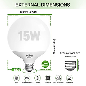 Jardhom LED Light Bulb,G120 Globe Bulb,15W (150W Equivalent) Globe Light Bulbs,Daylight 5000k Led Bulb,Non-Dimmable,E26 Base Large Decorative Lamp,1100 Lumer, for Indoor Room Lighting Globe Light