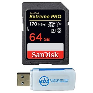 SanDisk 64GB Extreme Pro Memory Card works with Olympus TG-5 Waterproof, E-M10 Mark II, E-M1, STYLUS Tough TG-4, TG-870 Digital DSLR Camera SDXC 4K V30 UHS-I with Everything But Stromboli Combo Reader