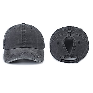 Leotruny Women Washed Cotton High Ponytail Baseball Cap (C08-Distressed Black)