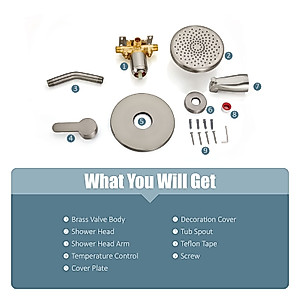Aolemi Brushed Nickel Tub Shower Faucet Set With Valve Wall Mount Shower Trim Kit 6 Inch Bathtub Fixtures With Pressure Balance Rough-in Valve Single-Spray Shower Head System and 5.3 Inch Tub Spout