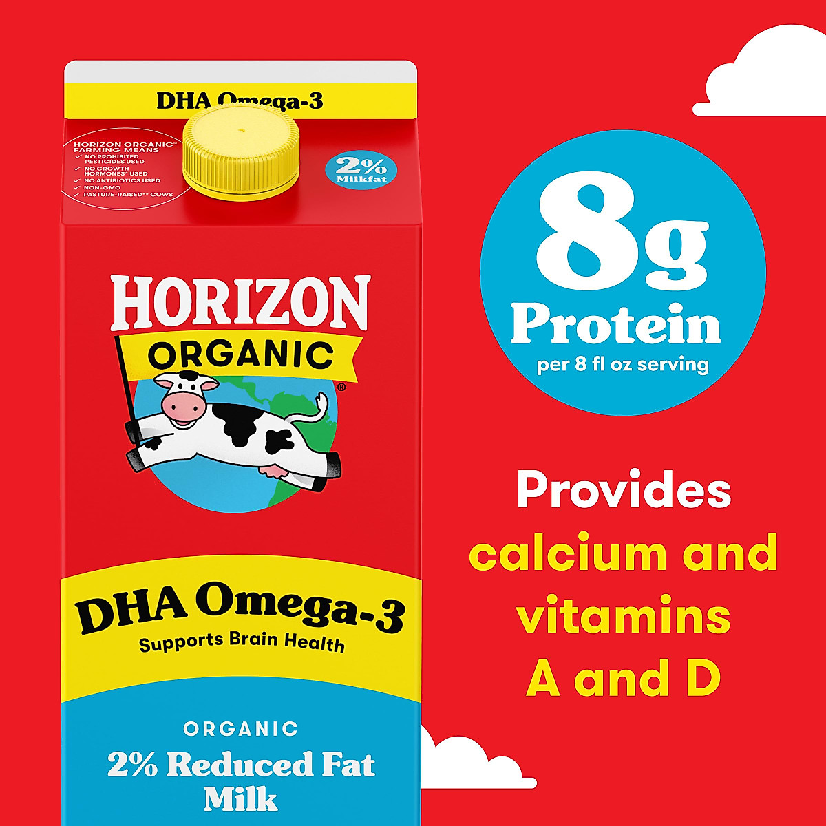 Horizon Organic DHA Omega-3 Milk, DHA 2 Percent Milk, 64 FL OZ Half Gallon Carton