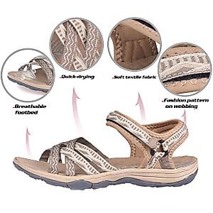 GRITION Women Hiking Sandals Girls Outdoor Sport Water Shoes Summer Flat Cross-Tied Sandals Open Toe Adjustable Walking Shoes Black Pink Gray Sand (9 US/39 EU, Coffee/Sand)