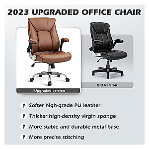 SEATZONE Executive Home Office Chair High Back PU Leather with Flip-up Armrests Adjustable Height and Lumbar Support, Comfortable Computer Chair for Adults, Red-Brown