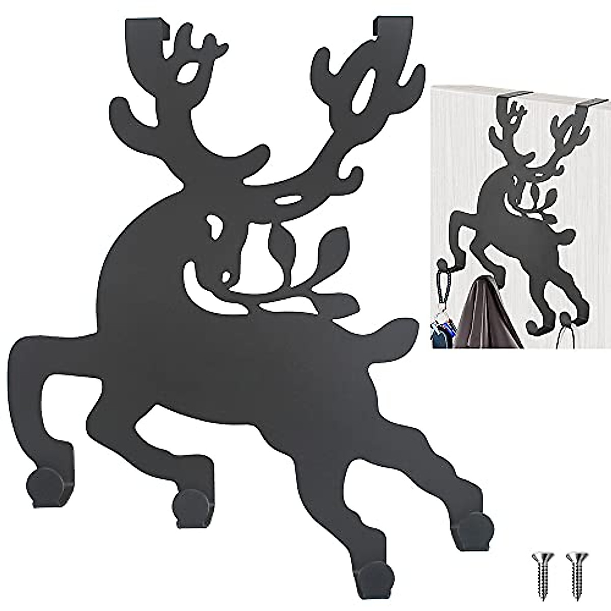 SELEWARE Decorative Deer Over The Door Hanger Hook, Heavy Duty Over Door Bathroom Robe Towel Hanger with 4 Hooks, Compact Design, Home Bedroom Office Door Storage Coat Hook, Black