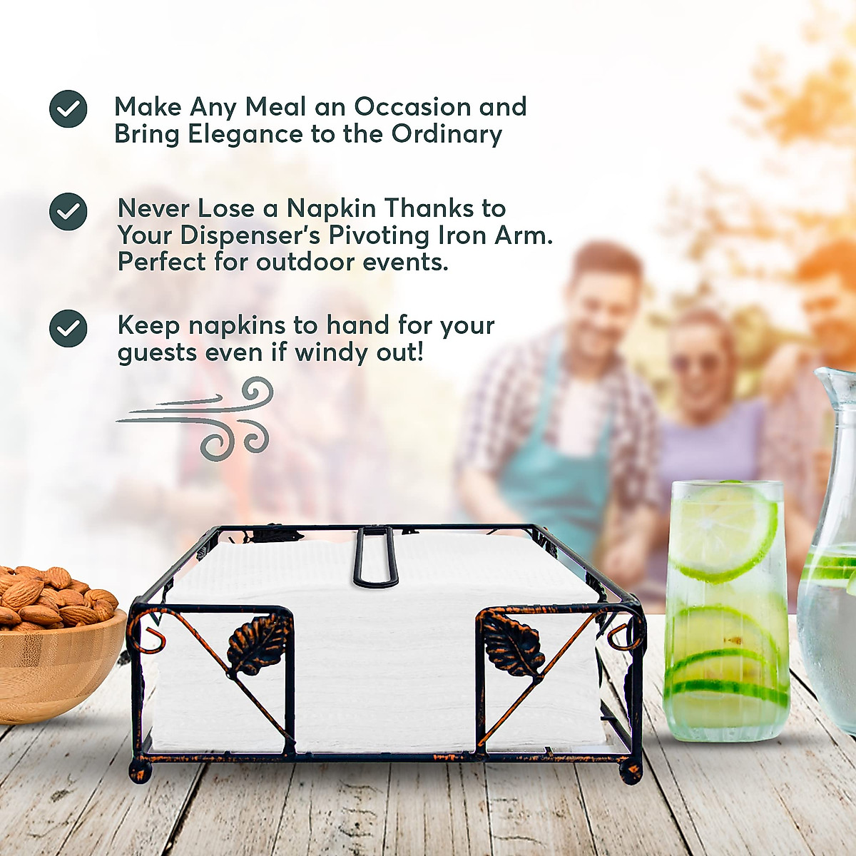 Iron Rustic Napkin Holder for Table – Flat Napkin Holder with Secure Pivoting Arm for Kitchen Tissue – Home Decor Black Napkin Holder with Bronze Leaves – Indoor and Outdoor Kitchen Decor by Maypes