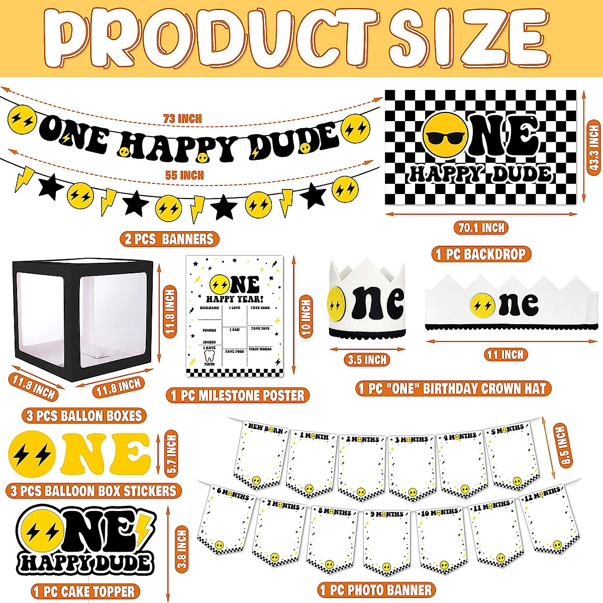 One Happy Dude 1st Birthday Party Decorations Party Supplies First Birthday Party Decoration for Boy Black and Yellow Theme Backdrop Balloon High Chair Banner Balloon Boxes Crown Poster (Selection-D)