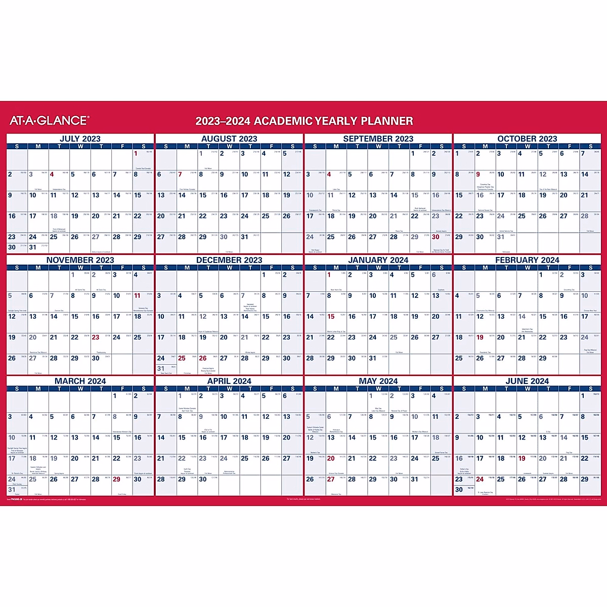 AT-A-GLANCE 2023-2024 Erasable Calendar, Dry Erase Wall Planner, 48" x 32", Extra Large, Academic & Regular Year, Double Sided, Horizontal (PM326S2824)