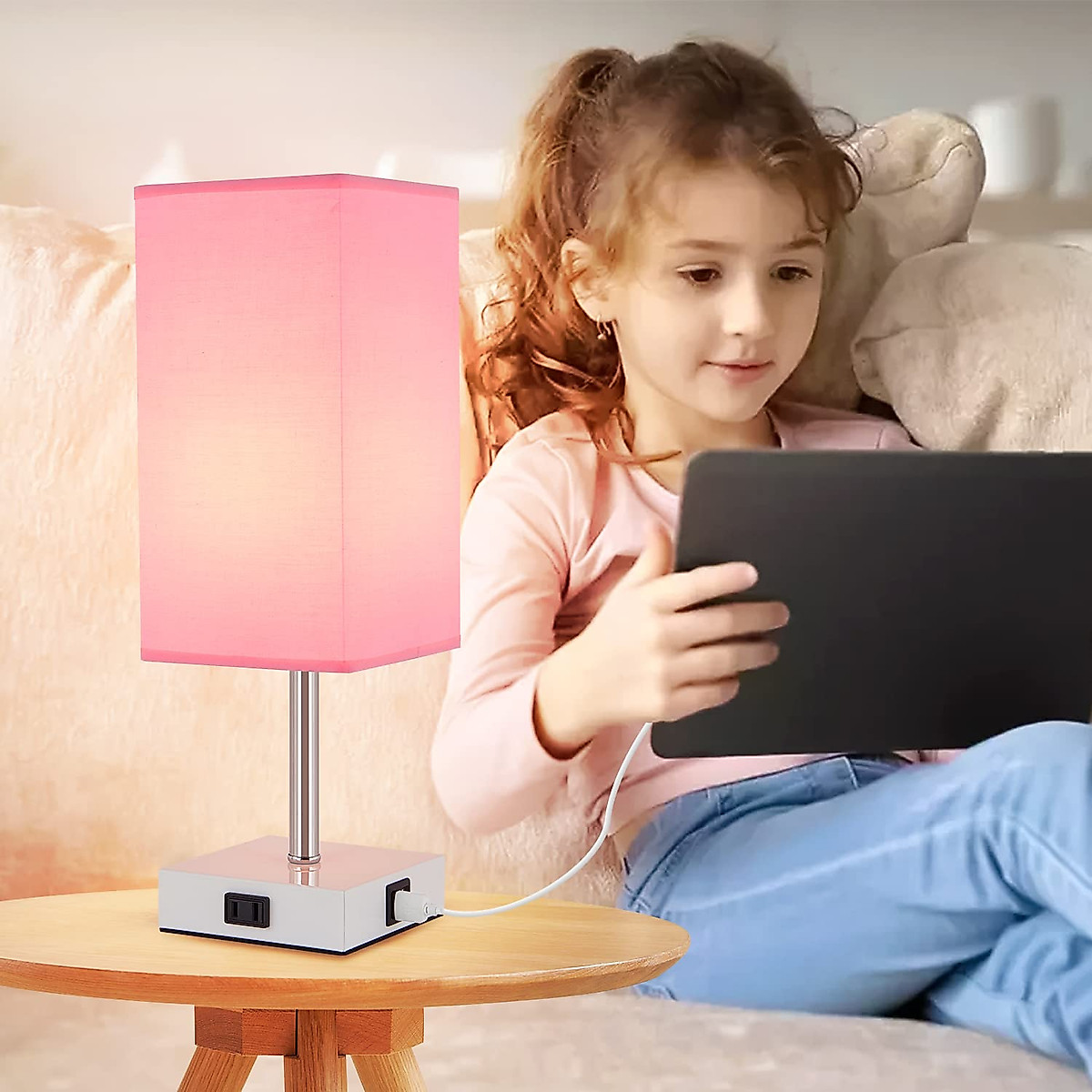 Woderdeng Touch Control Bedside Lamp - 3-Way Dimmable Table Lamps with USB C+A Port and Outlet, Nightstand Lamp for Bedroom Decor and Living Room,Pink