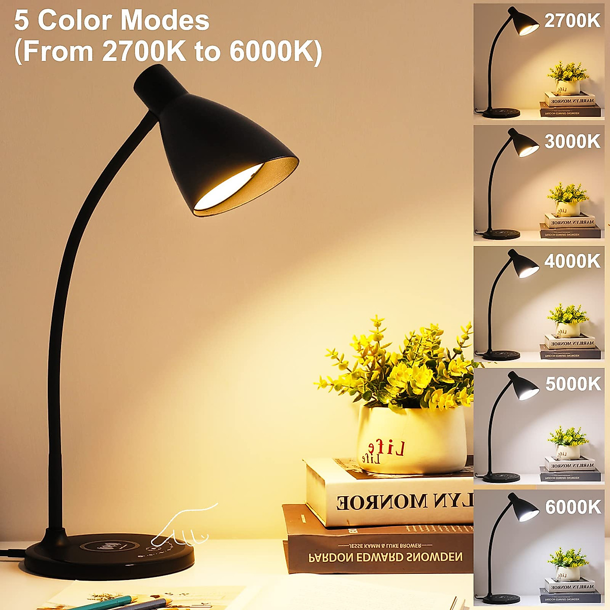 KAiSnova Desk Lamp with Wireless Charger & USB Charging Port, 60 LED Desk Lamps for Home Office, 5 Color & 7 Levels Brightness Touch Control Table Lamp, Gooseneck Desk Lamps for Bedroom Bedside Dorm