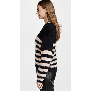 VELVET BY GRAHAM & SPENCER Women's Lulu Feather Yarn Stripe Sweater, Black/Blush, L