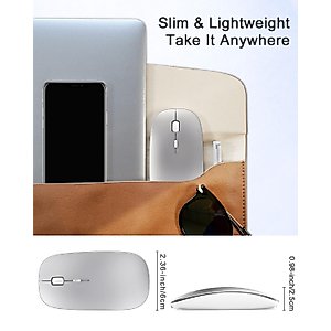 Bluetooth Mouse, Rechargeable Wireless Mouse Compatible with Macbook Air/Pro/Mac/iPad/Laptop/Tablet/Notebook/PC/Desktop, Slim Portable USB Mice for Windows/Linux/Android/(iOS 13.1.2 and Above), Sliver