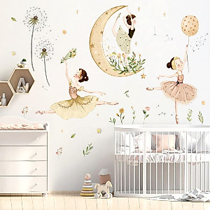 2 Sheets Ballet Girls Wall Stickers 3D Moon and Flower Wall Decals DIY Removable Dandelions Wall Sticker for Kids Baby Girls Bedroom Nursery Living Room TV Background Kids Rooms Home Wall Decoration