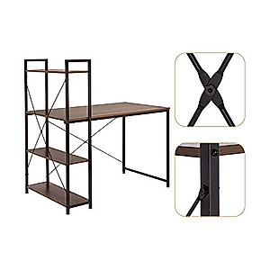 Coral Flower Tower Computer Desk with 4 Tier Shelves - 47.6'' Multi Level Writing Study Table with Bookshelves Modern Steel Frame Wood Desk Compact Home Office Workstation (Natural brown)