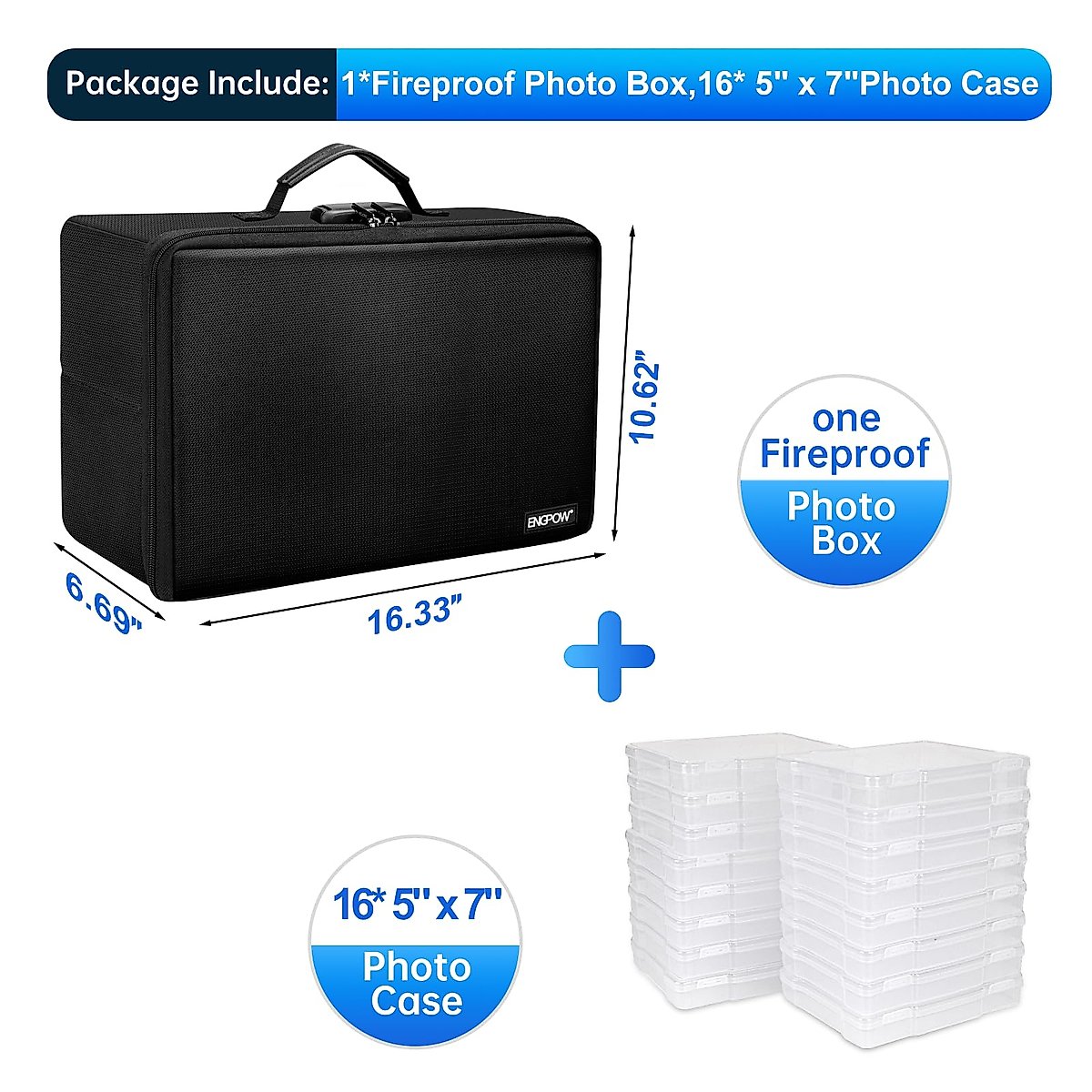 ENGPOW Fireproof Photo Storage Box 5" x 7" Photo Case(Clear),16 Inner Photo Keeper Photo Box Organizer with Lock,Collapsible Portable Photo Storage Container with Handle for Photos,Picture,Valuables