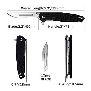 Samior S102 Mini Flipper Scalpel Folding Pocket Knife with 10pcs #24 Replaceable Blade, Flat Texture Contoured G10 Handle with Liner Lock, Utility EDC Keychain Knives, 1.2oz
