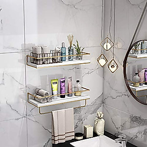Shario White Floating Shelves - Set of 2, Wall Mounted Hanging Shelves with Golden Towel Rack, Decorative Storage Shelves for Bathroom, Kitchen, Living Room & Bedroom (White)