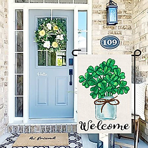 Welcome Green Lucky Shamrocks St Patricks Day Garden Flag 12x18 Inch Double Sided Burlap, Seasonal Sign Yard Outdoor Decorations DF187
