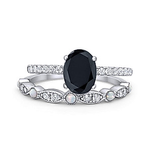 Simulated Black Cubic Zirconia Size-10 Two Piece Oval Art Deco Bridal Set Wedding Engagement Ring Band Round Simulated Cubic Zirconia 925 Sterling Silver
