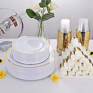WELLIFE 350 Pieces Gold Plastic Plates with Disposable Silverware and Cups, Include: 50 Dinner Plates 10.25”, 50 Dessert Plates 7.5”, 50 Gold Rim Cups 9 OZ, 50 Gold Cutlery