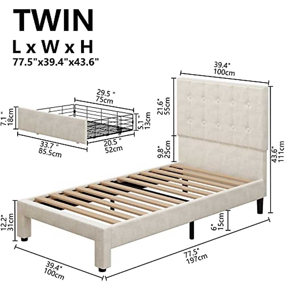 LIKIMIO Twin Bed Frame with XL Under-Bed Drawer, Velvet Upholstered Platform Bed Frame with Headboard, No Box Spring Needed/Noise-Free, Beige