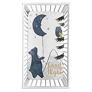 Sweet Jojo Designs Woodland Bear and Owl Boy or Girl Fitted Crib Sheet Baby or Toddler Bed Nursery Photo Op - Navy Blue, Grey, Gold and Black Celestial Moon Star Watercolor Forest