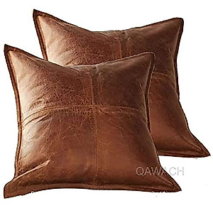 QAWACH Lambskin Leather Pillow Cover - Sofa Cushion Case - Decorative Throw Covers for Living Room & Bedroom, 16 x 16 Inches - Tan Antique Box Pack of 2