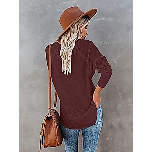 SOLERSUN Womens Waffle Knit Tops Long Sleeve Crewneck Casual Loose Blouses Lightweight Pullover Jumper 2023 Fall Jujube red M