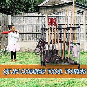 QTJH Garden Tool Organizer with Wheels Rolling Corner Tool Storage Rack for Garden Tool Tower Broom Holder