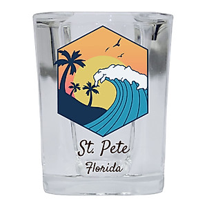 R and R Imports St. Pete Florida Souvenir 2 Ounce Square Base Shot Glass Wave Design Single