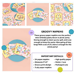 xo, Fetti Groovy Napkins - 3-ply, 24 pcs | Happy Pastel Birthday Party Decorations, 70s Baby Shower, Cool Peace Cake Napkins