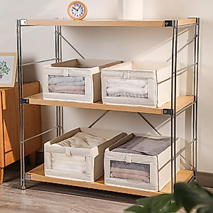 Coloch 6 Pack Linen Storage Bins with Clear Window, Collapsible Closet Storage Box Fabric Clothing Organizer Stackable Organizer Basket for Folded Clothes, Jeans, Toy, Book, Shelves, Closet, Beige
